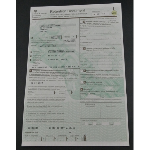 A Cherished number plate, JJ59 JAY, on retention (buyer to pay for the ...