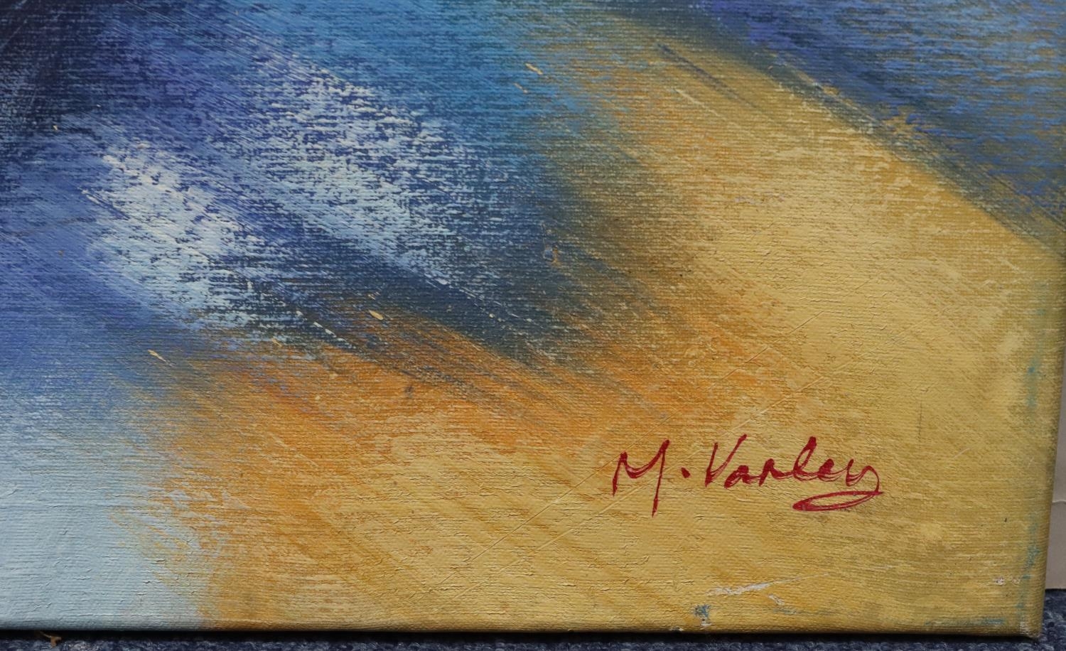 M Varley abstract oil on canvas of various figures, signed, unframed, 51cm x 61cm