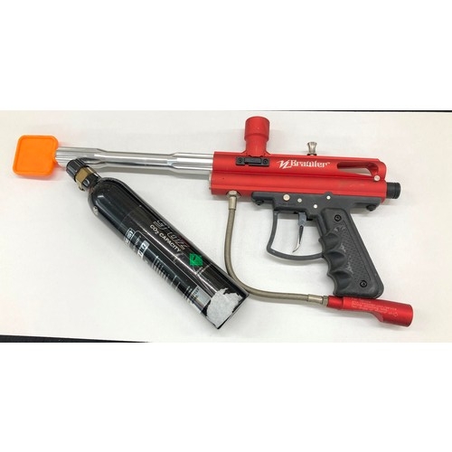 A Brawler Paintball gun with a Pure Energy Co2 gas canister (empty).