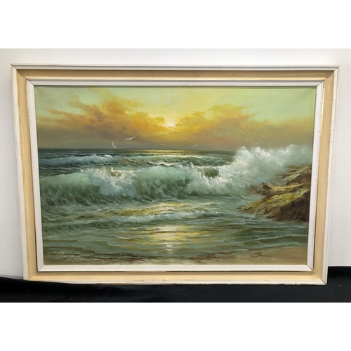 An oil on canvas of the sea, signed Stevens, 59.5 x 80.5cm, framed.