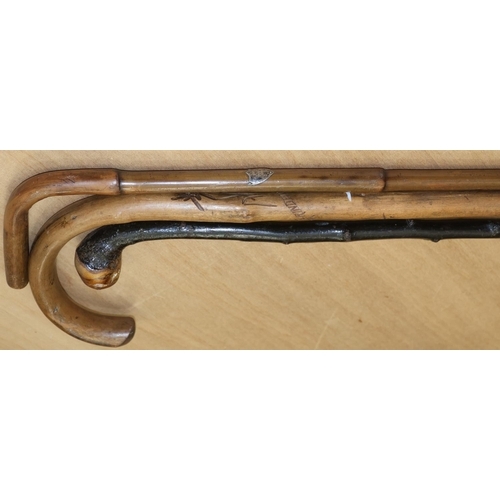 An Austrian walking stick engraved "Grindelwald" and 2 other wooden ...