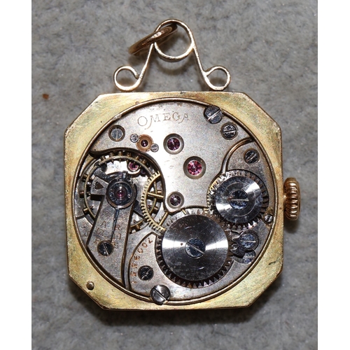 An 18ct gold Omega fob watch with square dial, Roman numerals, 3cm high ...