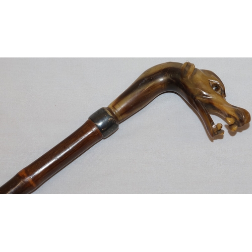 A carved horn handled and bamboo walking cane with animal head motif ...
