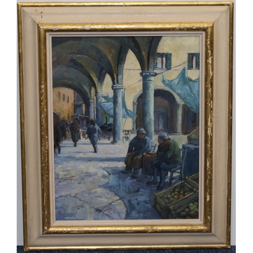 Carol Harrington, oil on panel, depicting street traders seated under ...