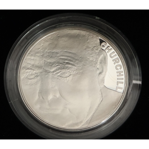 A silver proof Winton Churchill £5 coin (cased and sleeved)