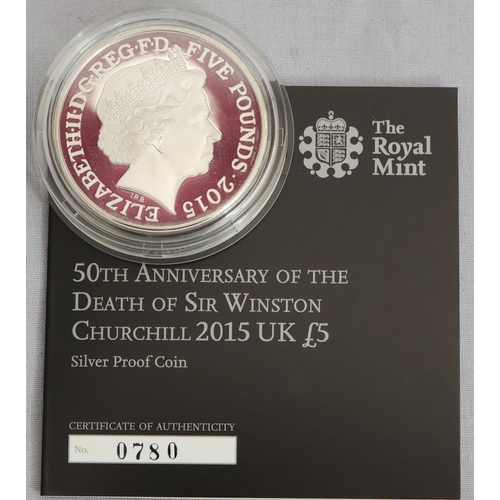 A silver proof Winton Churchill £5 coin (cased and sleeved)