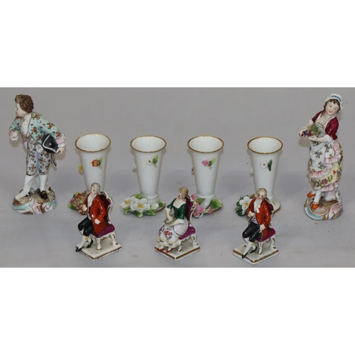 A set of 3 Naples small china figures of seated gentleman and lady, 16 ...