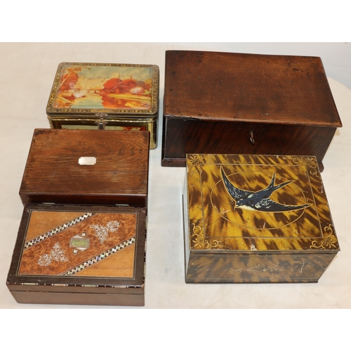 A wooden box with hinged lid, 37cm wide, 22.5cm deep, 16cm high, a ...