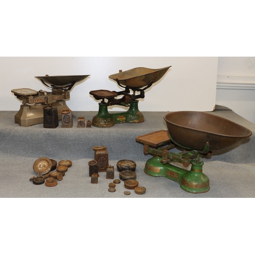 3 vintage sets of shop scales and various weights.