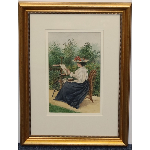A watercolour, 21cm x 13cm, depicting full length portrait of seated ...