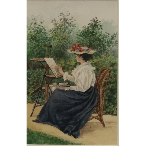 A watercolour, 21cm x 13cm, depicting full length portrait of seated ...