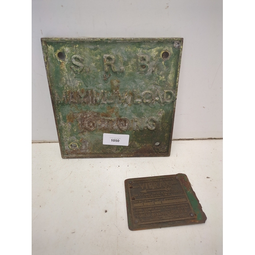 A pair of vintage cast iron signs including a 'Max Load 10 tons' and a ...
