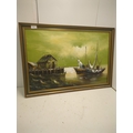 An oil on canvas painting of a dock by P.Stirrat