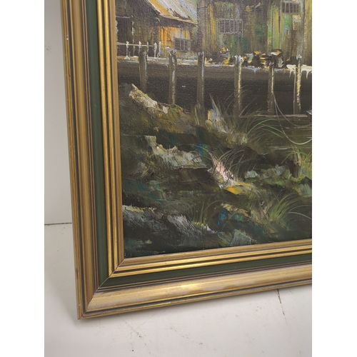 An oil on canvas painting of a dock by P.Stirrat
