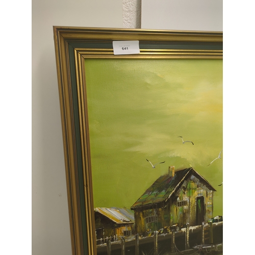 An oil on canvas painting of a dock by P.Stirrat