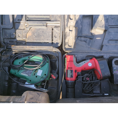 A quantity of various corded power tools