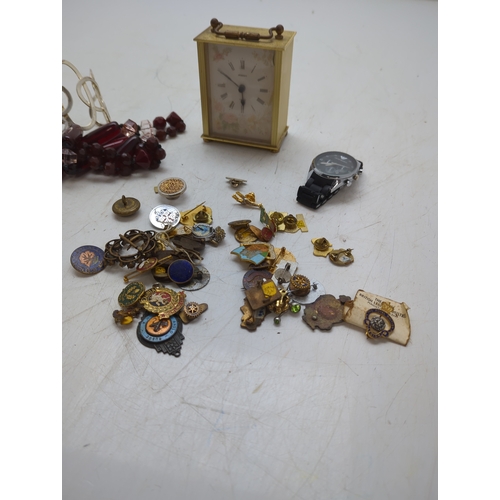 Lot of Jewellery, Badges, and Clock