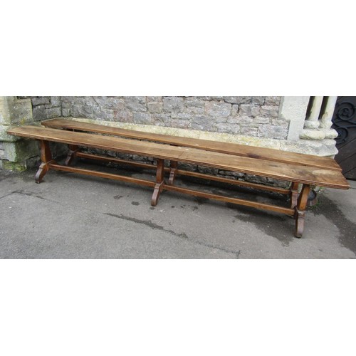A pair of long chestnut benches/forms, the single piece plank tops ...