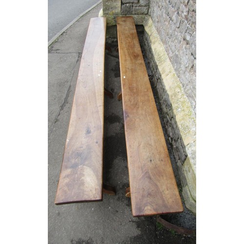 A pair of long chestnut benches/forms, the single piece plank tops ...