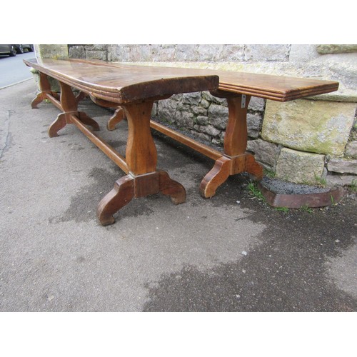 A pair of long chestnut benches/forms, the single piece plank tops ...