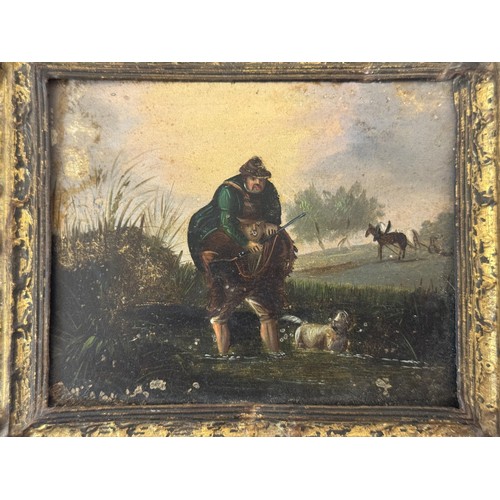 Naive School, 19th Century - two huntsmen wading through a stream, one ...