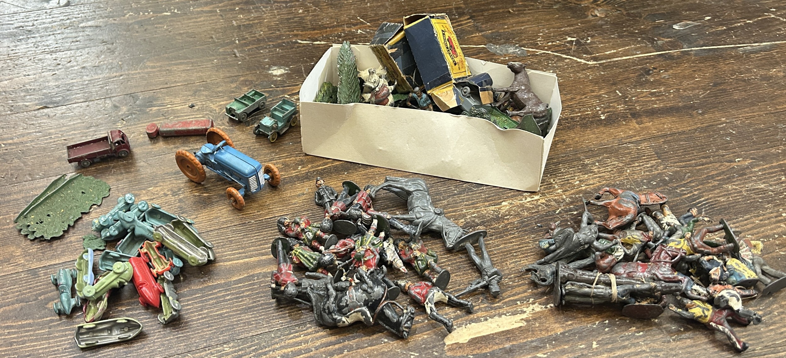 Vintage Matchbox vehicles, trees, farm animals, etc