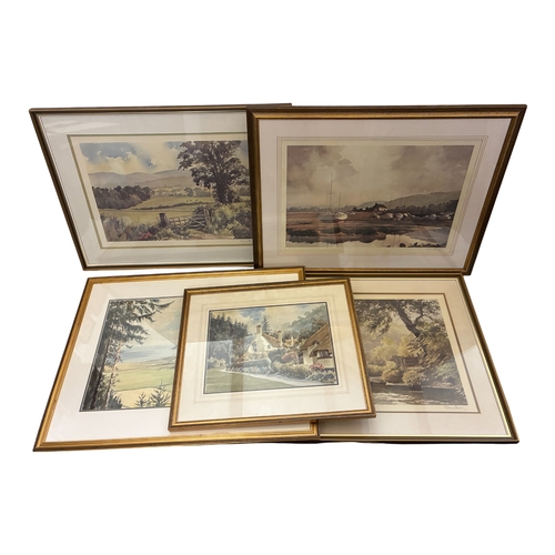 Sidney Perrin - Two watercolours and three signed prints of countryside ...
