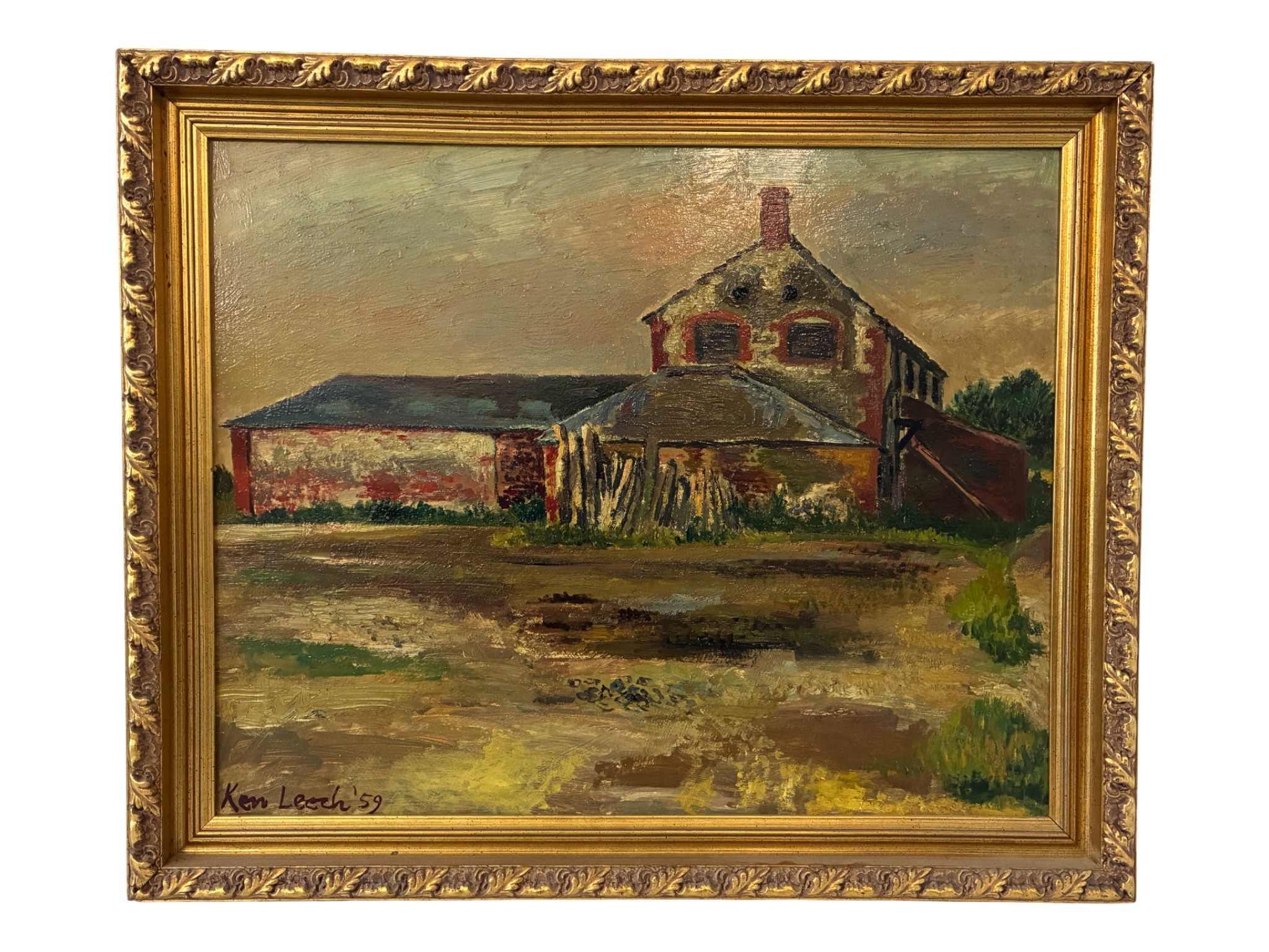 Kenneth Leech (1910-1995) - Red brick farmhouse exterior (1959), oil on ...