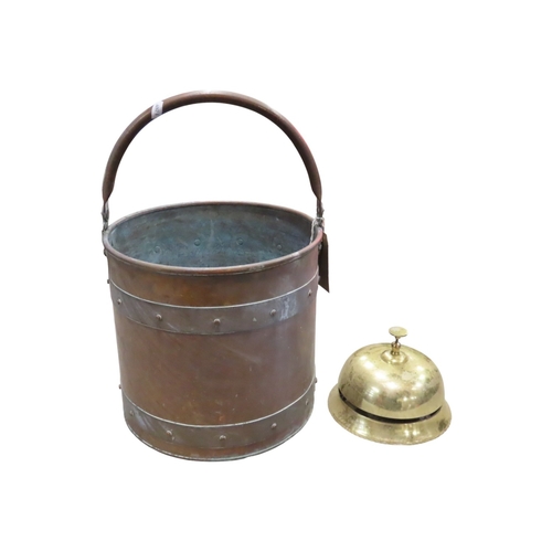 A large brass counter service bell, together with a banded copper coal ...