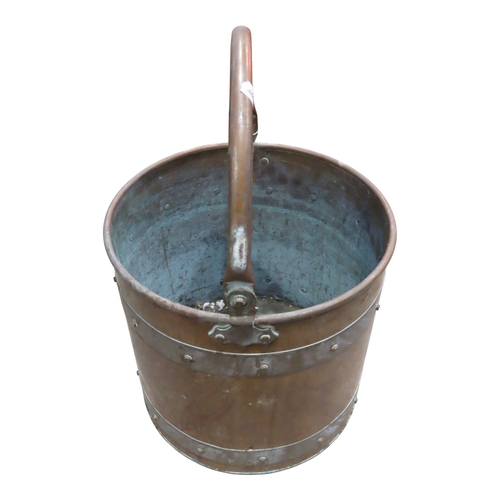 A large brass counter service bell, together with a banded copper coal ...