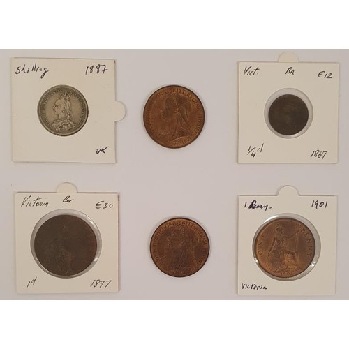 GB - Victoria Coinage - 1887 Shilling; 1867 Farthing; 1897 Penny x 2 ...