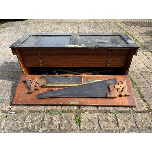Tools, an unusual drop front tool box with planes chisels and saws ...