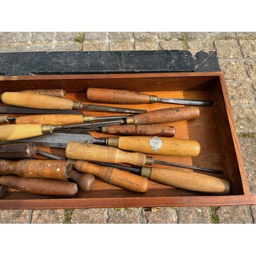 Tools, an unusual drop front tool box with planes chisels and saws ...