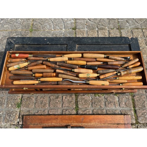 Tools, an unusual drop front tool box with planes chisels and saws ...