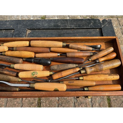 Tools, an unusual drop front tool box with planes chisels and saws ...