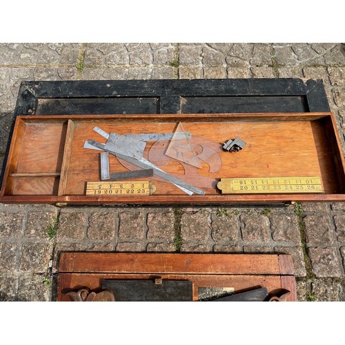 Tools, an unusual drop front tool box with planes chisels and saws ...