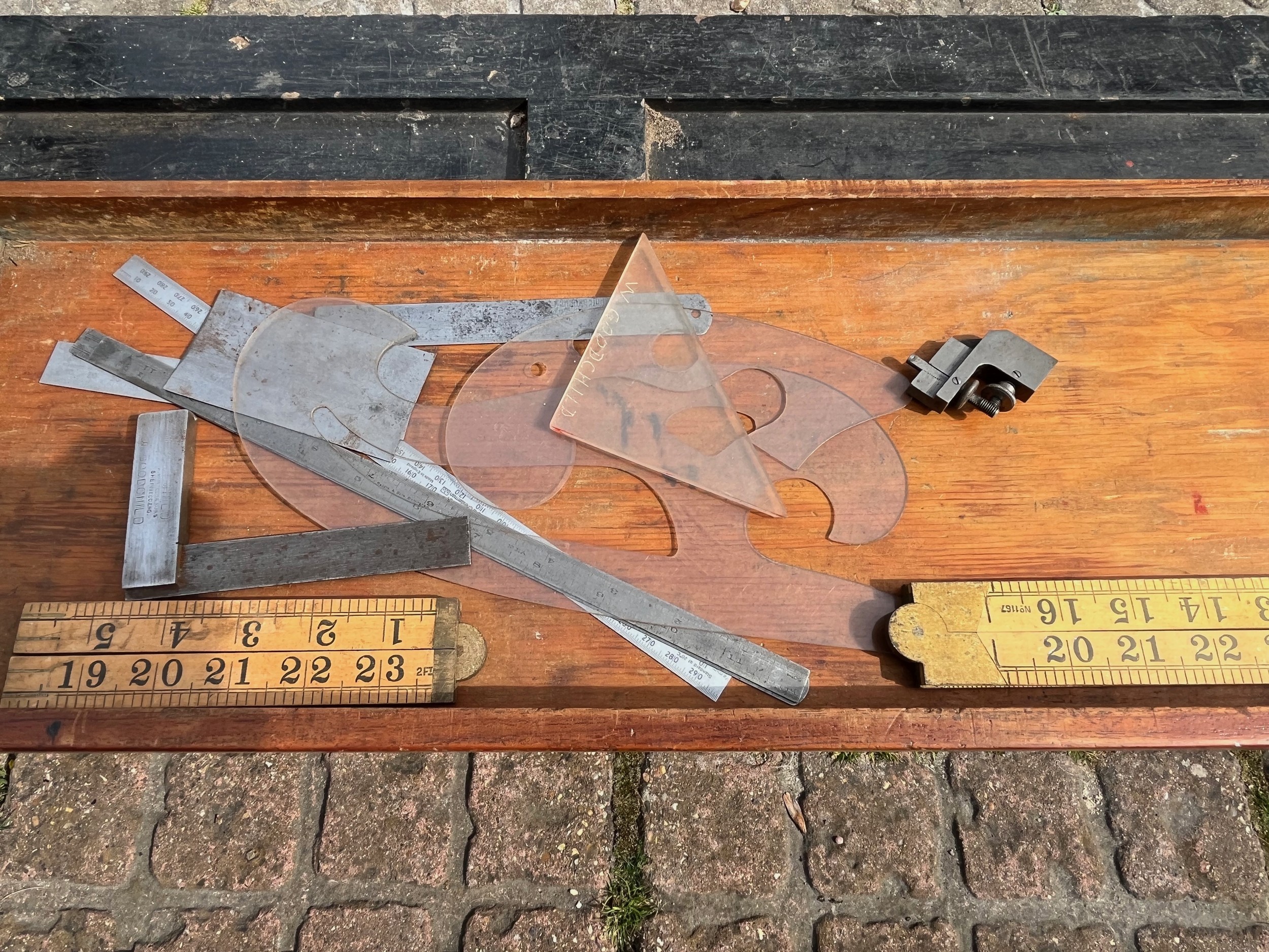 Tools, an unusual drop front tool box with planes chisels and saws ...