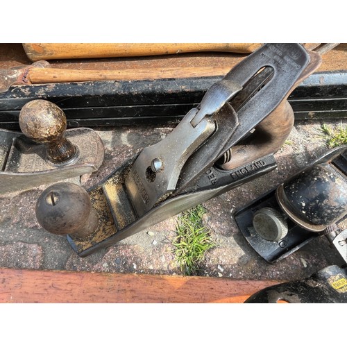 Tools, an unusual drop front tool box with planes chisels and saws ...