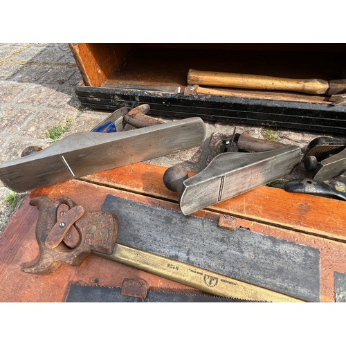 Tools, an unusual drop front tool box with planes chisels and saws ...
