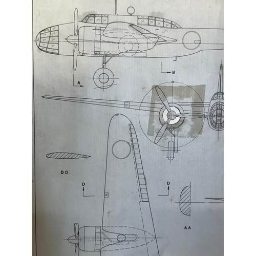 A collection of printed plan drawings of WWII era aircraft on linen ...