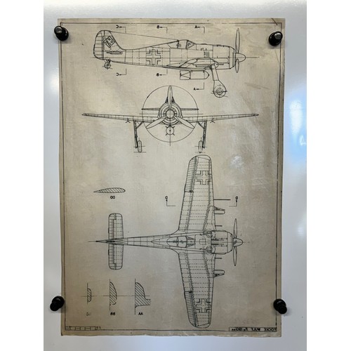 A collection of printed plan drawings of WWII era aircraft on linen ...
