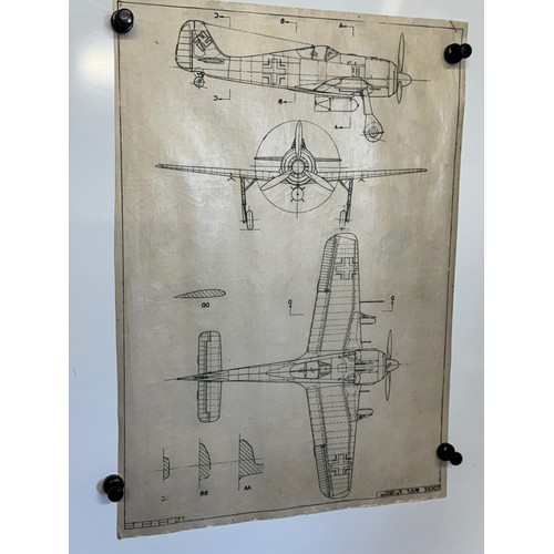 A collection of printed plan drawings of WWII era aircraft on linen ...