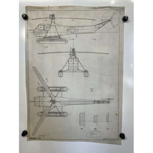 A collection of printed plan drawings of WWII era aircraft on linen ...