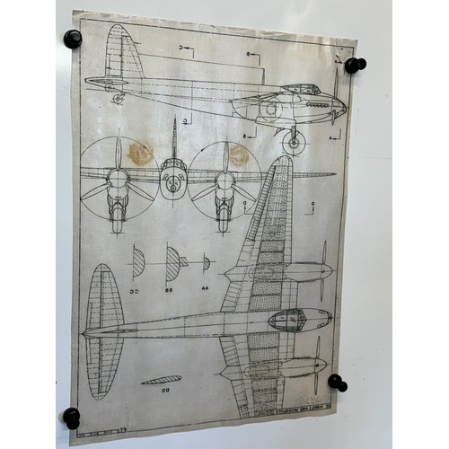 A collection of printed plan drawings of WWII era aircraft on linen ...