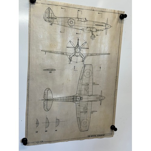 A collection of printed plan drawings of WWII era aircraft on linen ...