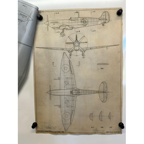 A collection of printed plan drawings of WWII era aircraft on linen ...
