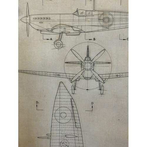 A collection of printed plan drawings of WWII era aircraft on linen ...