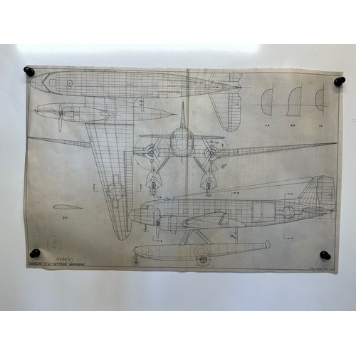 A collection of printed plan drawings of WWII era aircraft on linen ...
