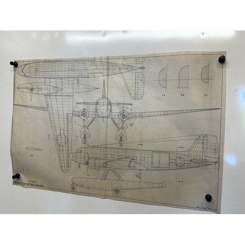 A collection of printed plan drawings of WWII era aircraft on linen ...