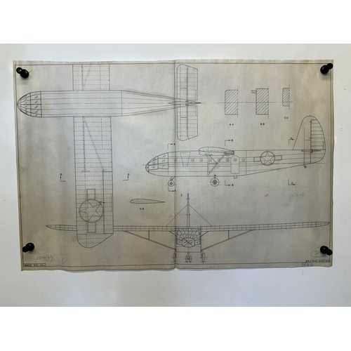A collection of printed plan drawings of WWII era aircraft on linen ...